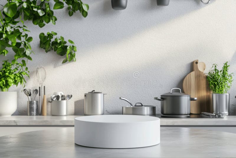 Small, Round Product Podium in the Foreground with a Modern Kitchen ...