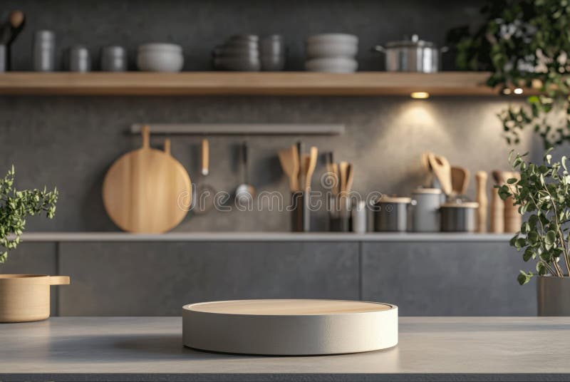 Small, Round Product Podium in the Foreground with a Modern Kitchen ...