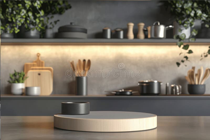 Small, Round Product Podium in the Foreground with a Modern Kitchen ...