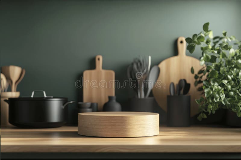 Small, Round Product Podium in the Foreground with a Modern Kitchen ...