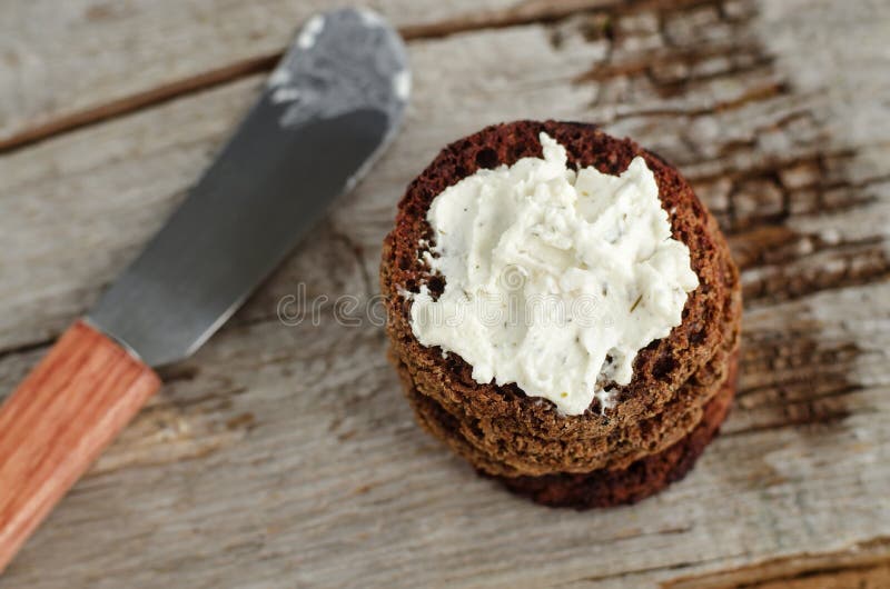Small Round Rye Toasts with Cream Cheese Stock Image - Image of organic ...