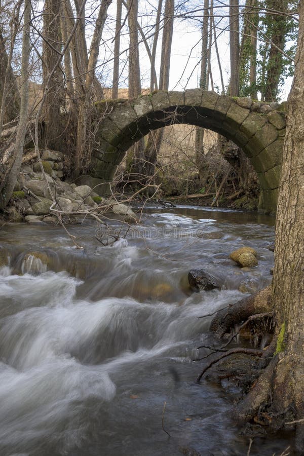 Small Round Stone Bridge with Moss Over Small Fast Flowing Mountain ...