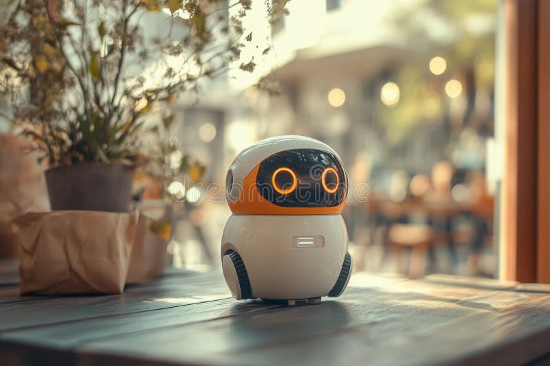 Small, Round, White and Orange Robot Standing on a Wooden Table in a ...