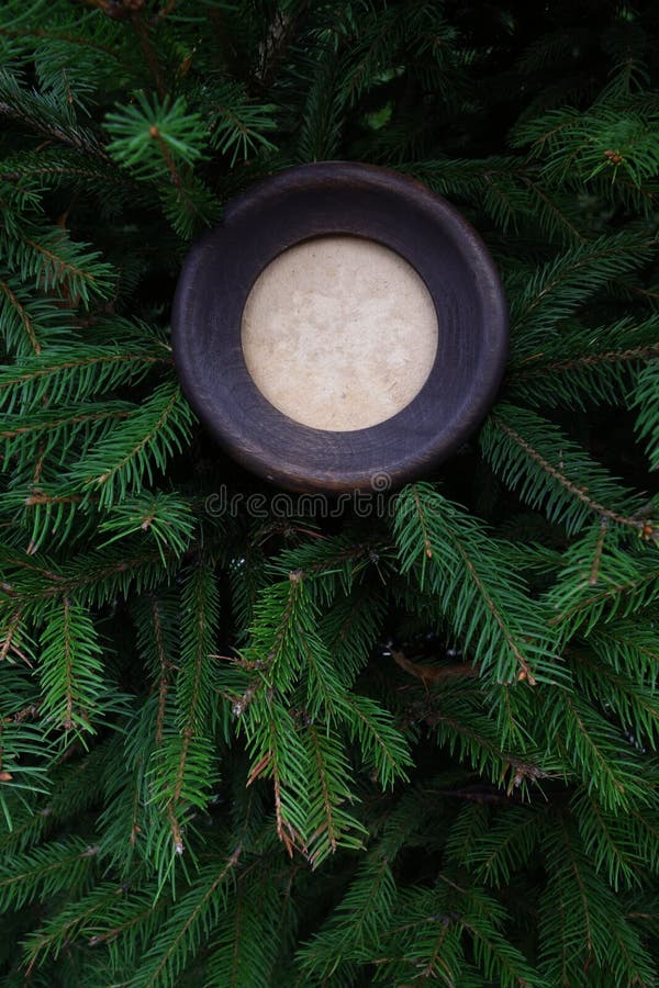 Small Round Wooden Frame on Spruce Background Stock Photo - Image of ...