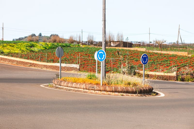 Small Roundabout with Blue Circular Traffic Signs Stock Photo - Image ...