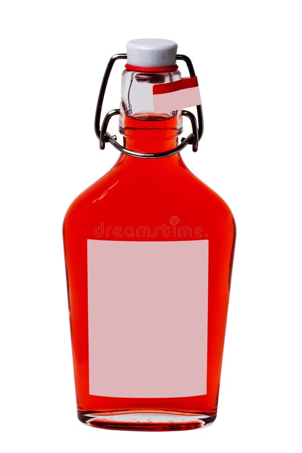 Small Rounded Transparent Reuseable Swing Top Bottle with Red Alcohol ...