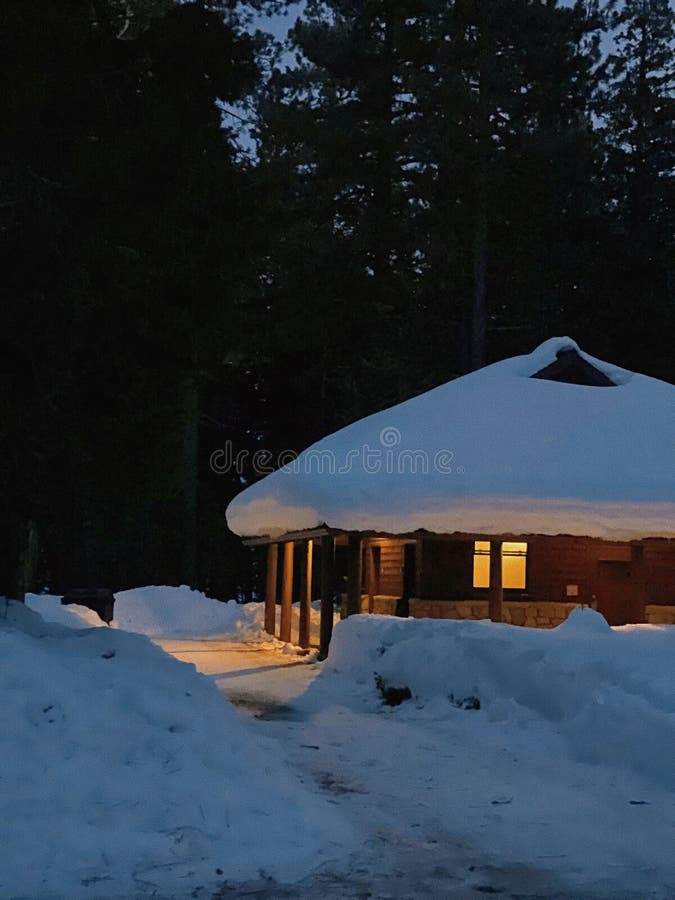 Small Rural House Covered in Snow in a Forest in the Evening Stock ...