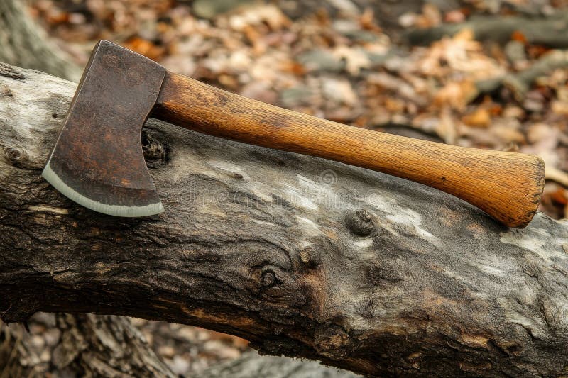 A Small Rusty Axe Resting on a Rough Tree Branch Stock Illustration ...