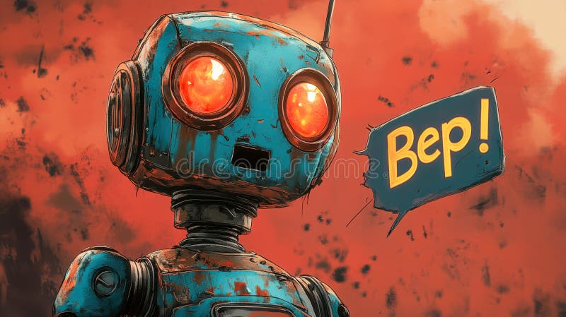 Small Rusty Robot with Glowing Eyes Making a Sound in Front of a ...