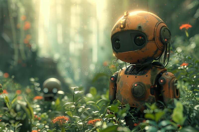 Small, Rusty Robot with Round Head and Large Eyes Stands in Green ...