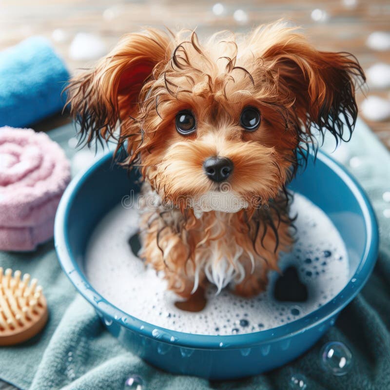 Small, Sad Dog Sitting in Soapy Water, in a Bowl. Stock Photo - Image ...