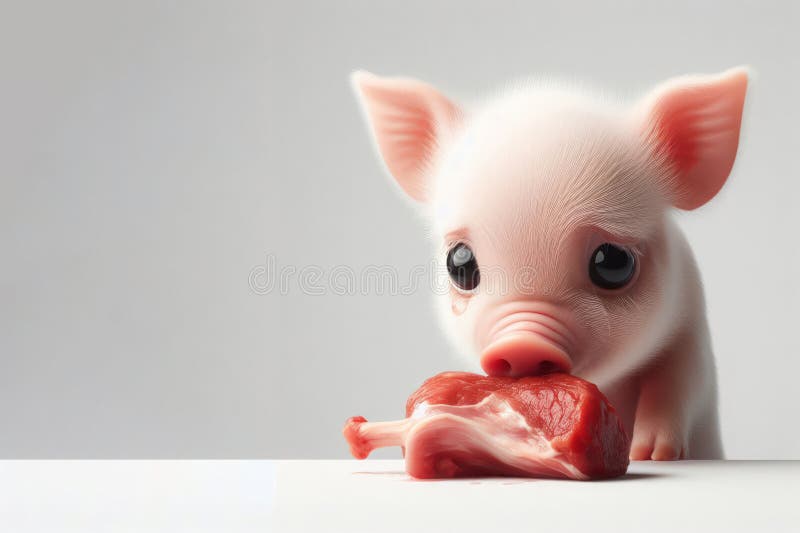 A Small, Sad Pig Sniffs a Piece of Meat on the Table. Stock ...