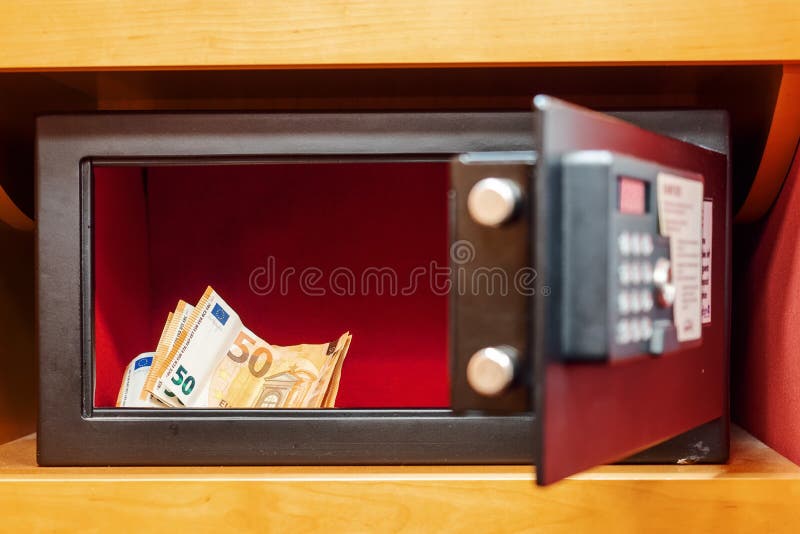 Small Safe Box with Electronic Code, Door is Open, Euro Banknotes ...