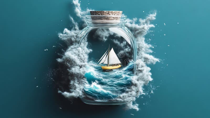 A Small Sailboat Floating in a Glass Jar Filled with Water Stock Photo ...
