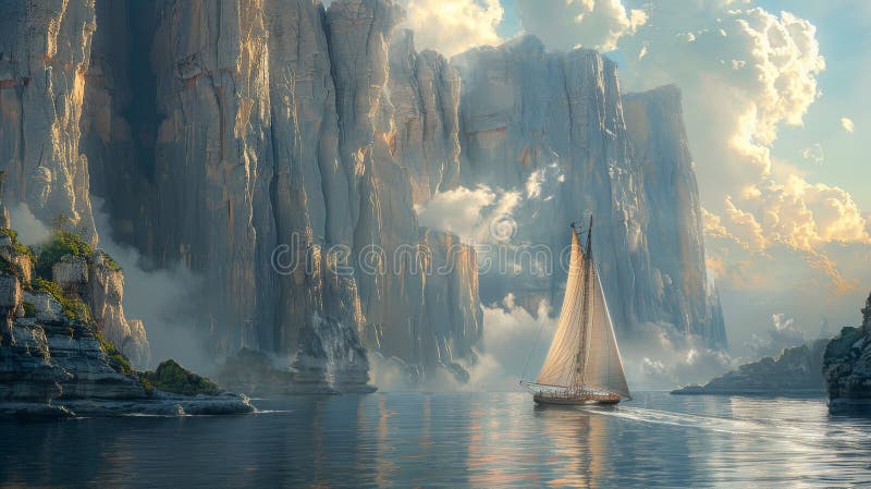 Small Sailboat Navigating a Narrow Passage between Towering Cliffs with ...