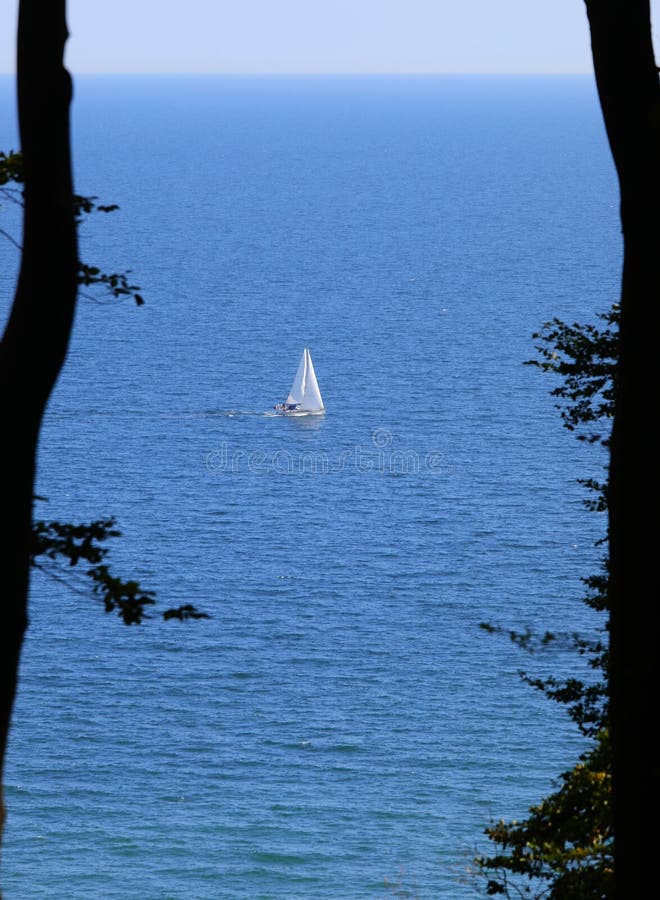 Small Sailboat Navigating the Open Sea between Two Tree Trunks Stock ...