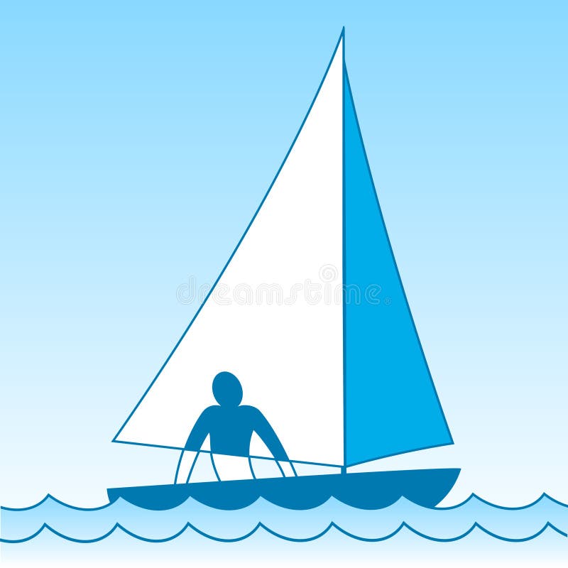 Small Sailing Boat. Sloop. Ship Coming through Waves Under Sail. Man on ...