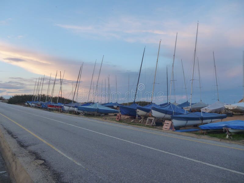 Small Sailing Boats Seen from a Road Stock Photo - Image of port, line ...