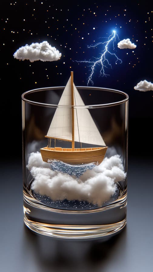 A Small Sailing Ship Floats in Turbulent Water Inside a Glass, while ...
