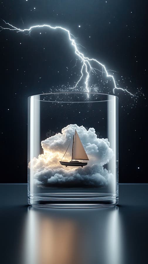 A Small Sailing Ship Floats in Turbulent Water Inside a Glass, while ...