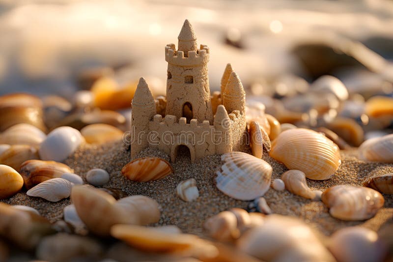 A Small Sandcastle Surrounded by Smooth Shells and Pebbles, Styled ...