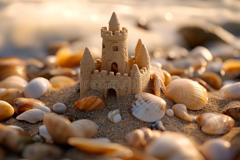 A Small Sandcastle Surrounded by Smooth Shells and Pebbles, Styled ...