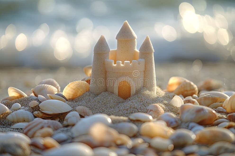 A Small Sandcastle Surrounded by Smooth Shells and Pebbles, Styled ...