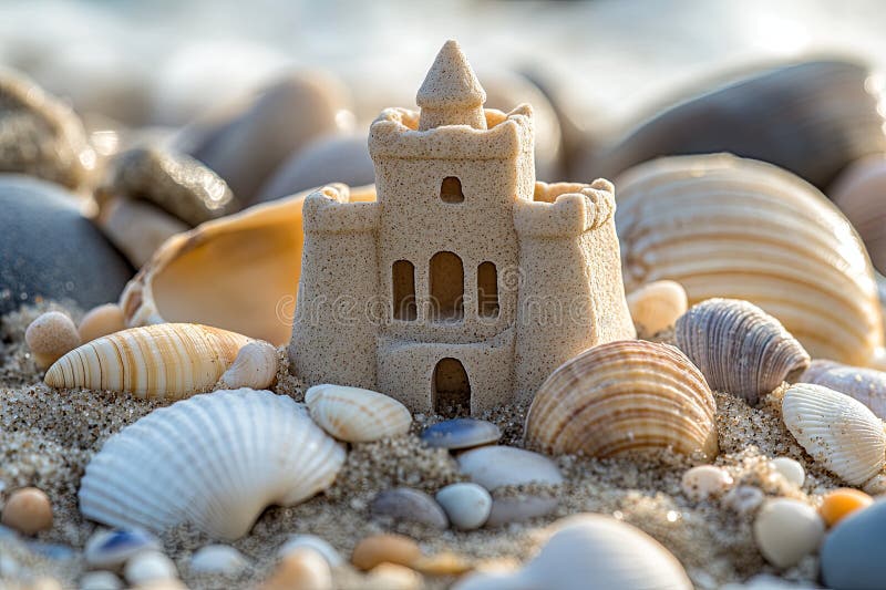 A Small Sandcastle Surrounded by Smooth Shells and Pebbles, Styled ...