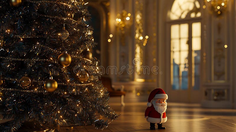 A Small Santa Standing in Front of a Large Christmas Tree Stock ...