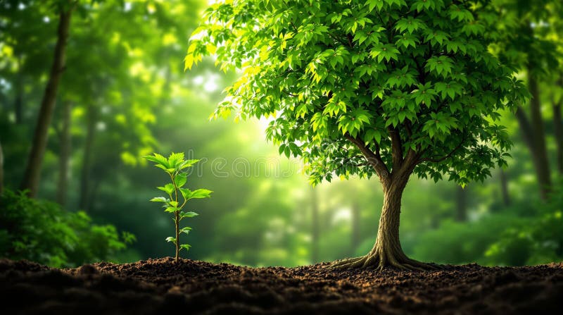 A Small Sapling and a Mature Tree Stand Side-by-side in Rich Soil ...
