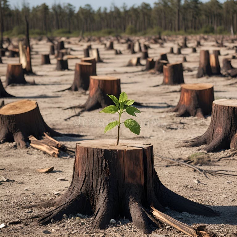 A Small Sapling Sprouting from a Cut Tree Trunk, Deforestation Forest ...