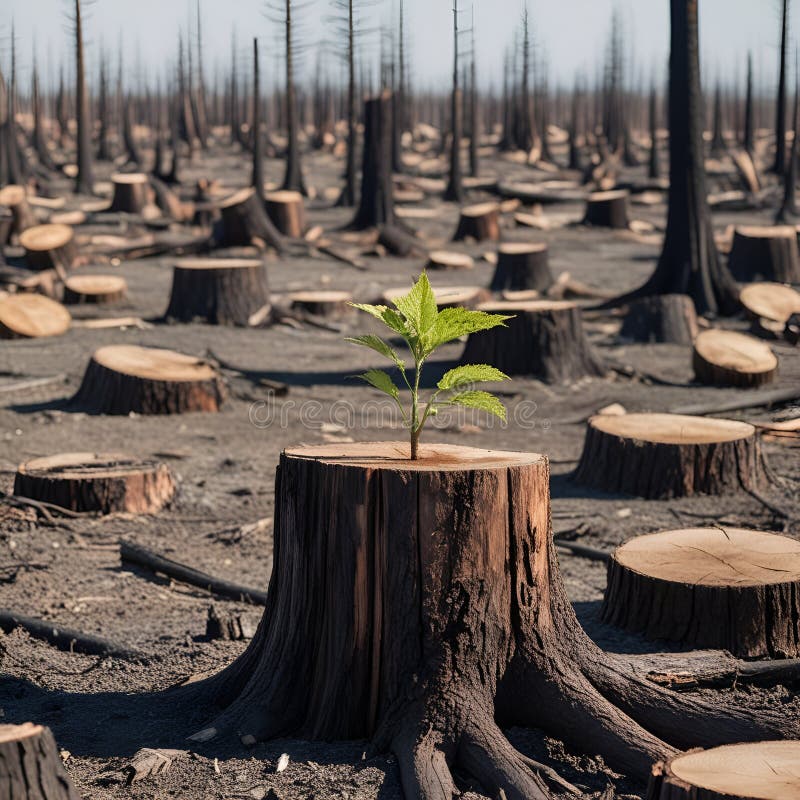 A Small Sapling Sprouting from a Cut Tree Trunk, Deforestation Forest ...