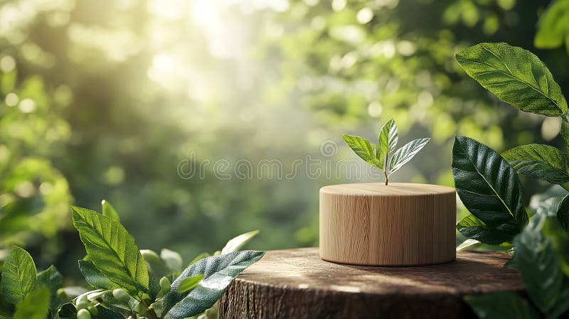 A Small Sapling on a Wooden Pedestal in a Lush Forest Setting Stock ...