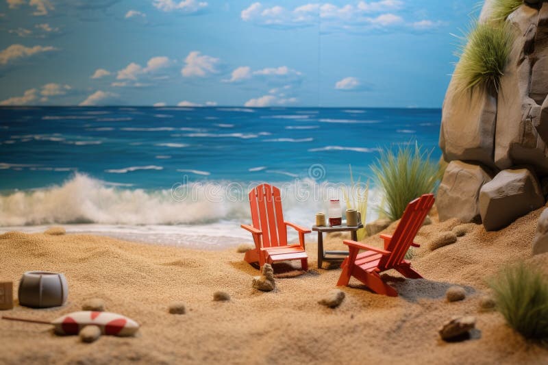 Small-scale Beach Scene with Tiny Waves and Beach Chairs Stock Image ...