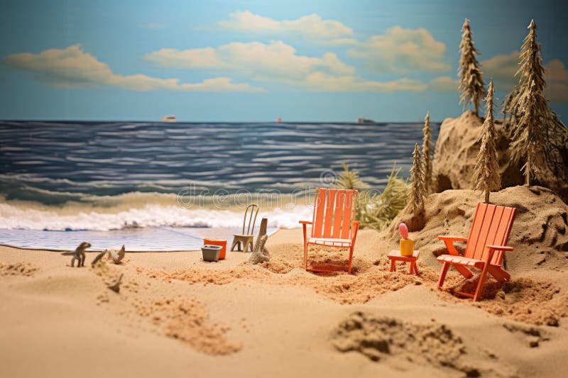 Small-scale Beach Scene with Tiny Waves and Beach Chairs Stock Image ...