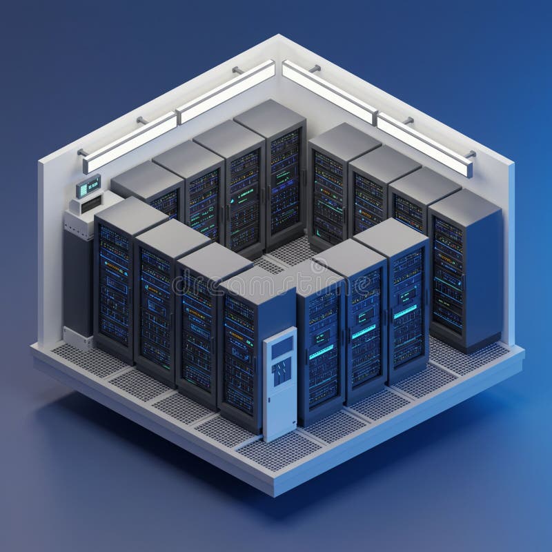 A Small-scale 3D Model of a Server Room Featuring Several Upright ...