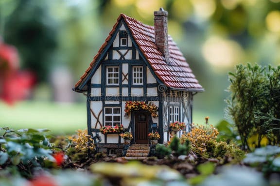 A Small-scale Model Home Surrounded by Lush Greenery and Flowers Stock ...