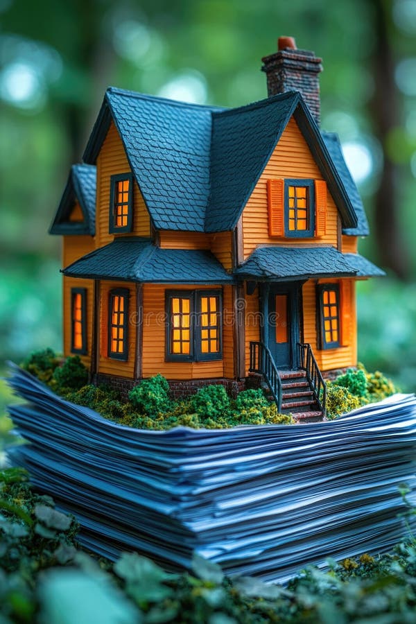 A Small Scale Model of a House Sits Atop a Stack of Books, Perfect for ...