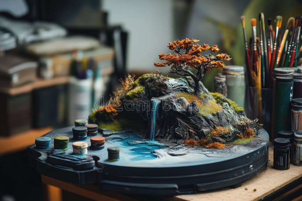 A Small Scale Model of a Mountain with a Flowing Waterfall Stock Photo ...