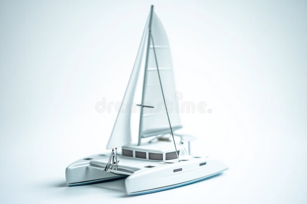A Small Scale Model of a Sailboat Sitting on a White Background Stock ...