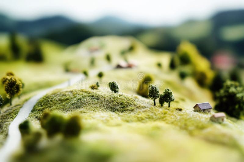 A Small-scale Model of a Town on a Hill, with Tiny Buildings and ...