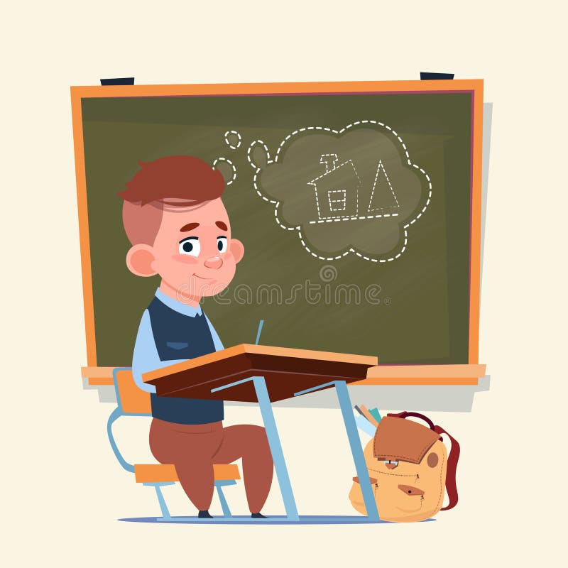 Small School Boy Sit at Desk Over Class Board Schoolboy Education ...
