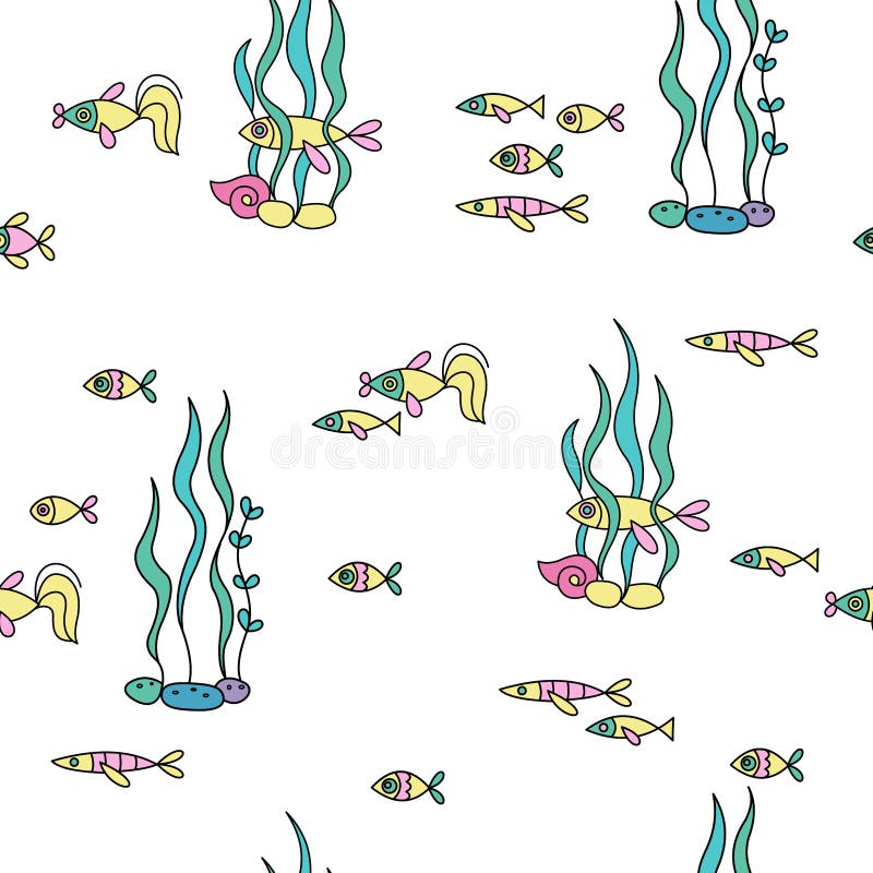 Small Sea Fish. Vector Seamless Pattern. Hand Drawn Stock Vector ...