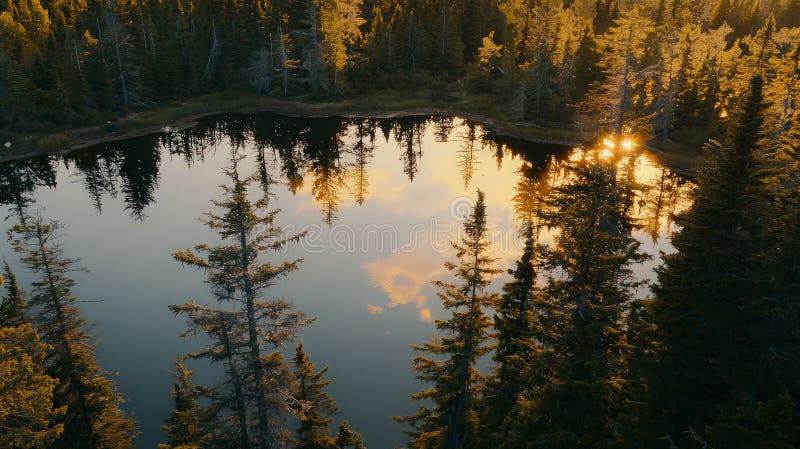 A Small, Secluded Lake in the Forest Reflects a Stunning Golden Sunset ...
