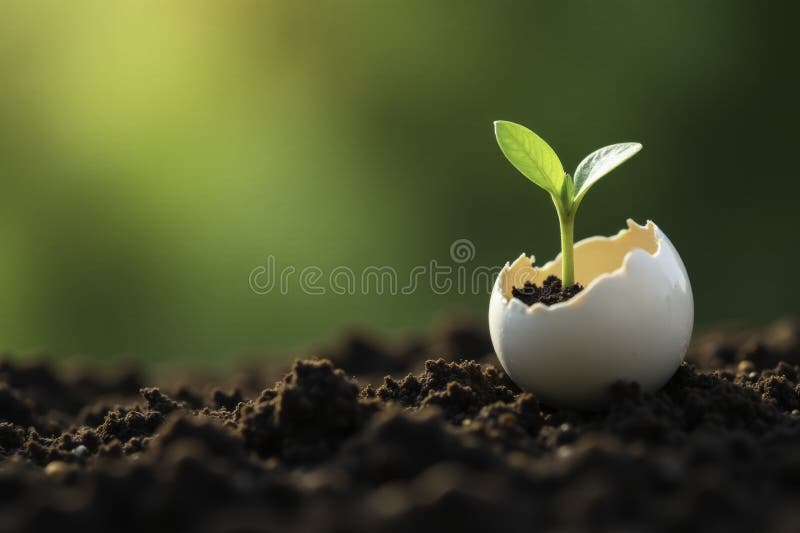 Small Seedling Breaking through Fragile Eggshell, Seed, Bud, Earth ...
