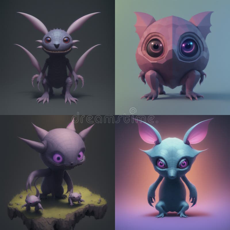 Small Set of Tiny Cute Creepy Creatures, 3D Concept Characters Stock ...