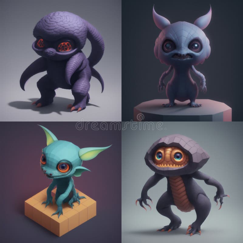 Small Set of Tiny Cute Creepy Creatures, 3D Concept Characters Stock ...