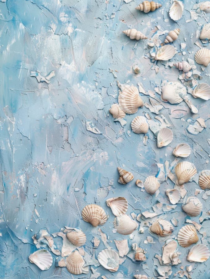 Small Shells Scattered Across Blue Textured Surface Stock Image - Image ...