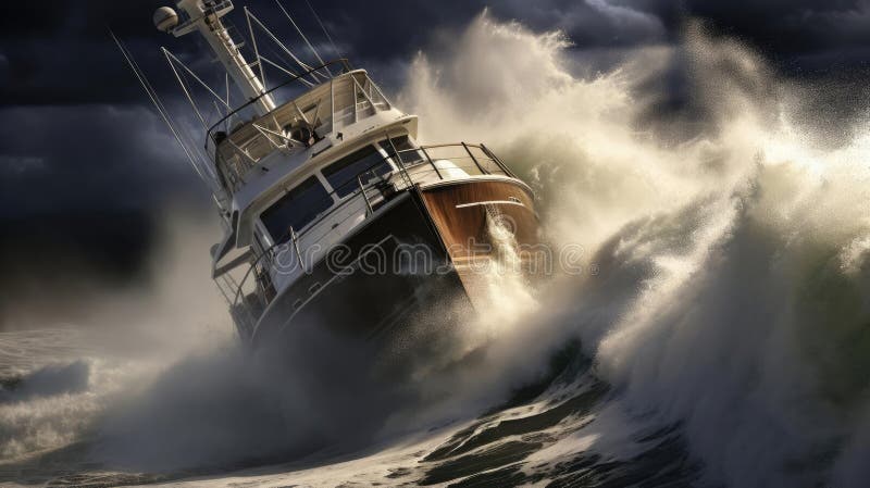 A Small Ship is Covered by a Wave during a Storm at Sea Stock Photo ...
