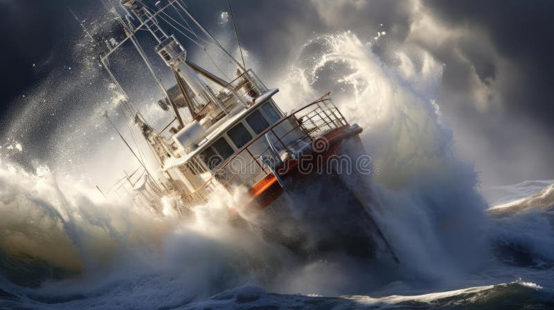 A Small Ship is Covered by a Wave during a Storm at Sea Stock Image ...